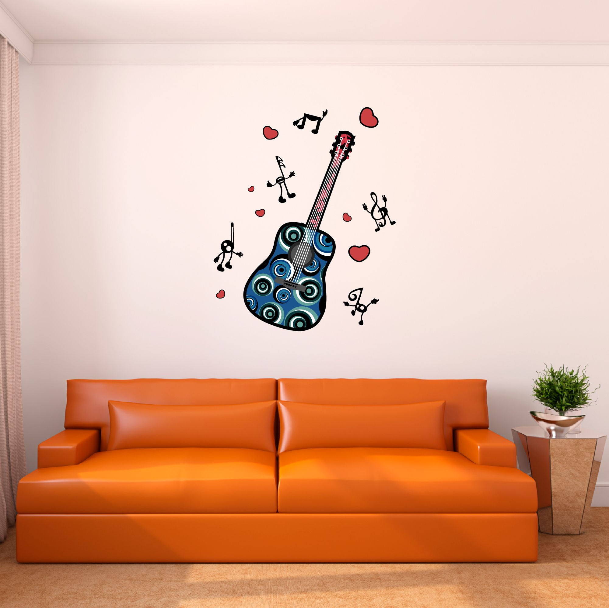 Music Wall Decal Multicoloured Guitar with Music Symbols Bedroom Wall ...