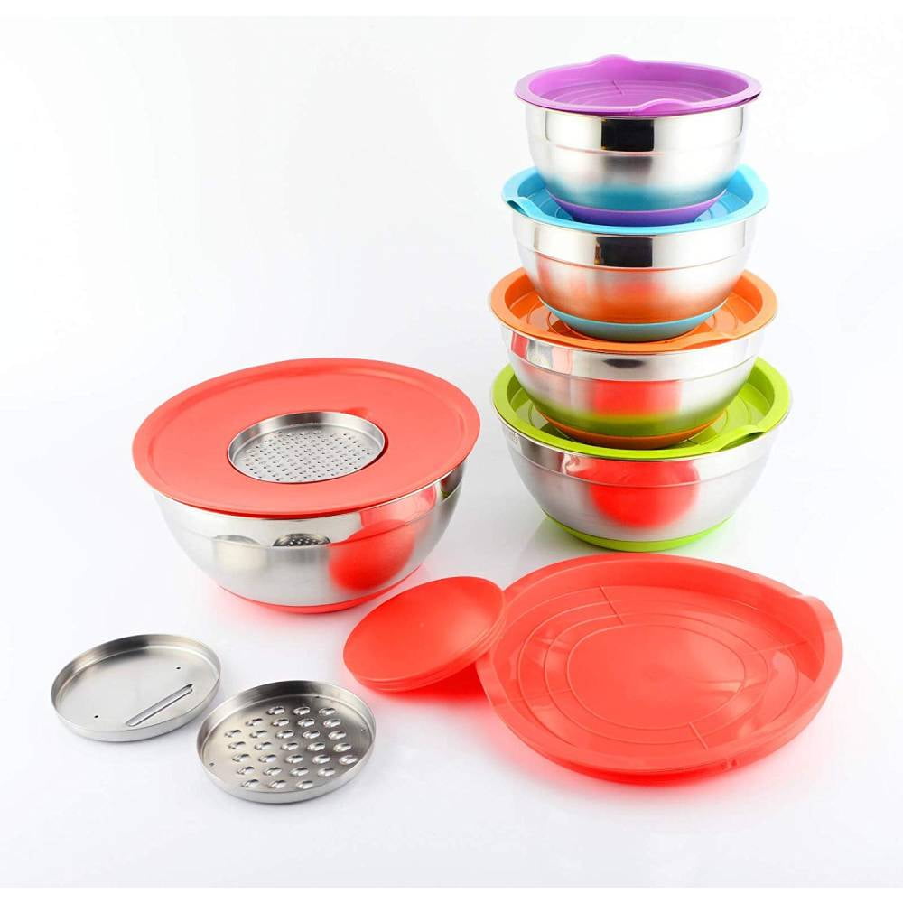Stainless Steel Mixing Bowl Set- 5 Bowls with Plastic Lids and 3 ...