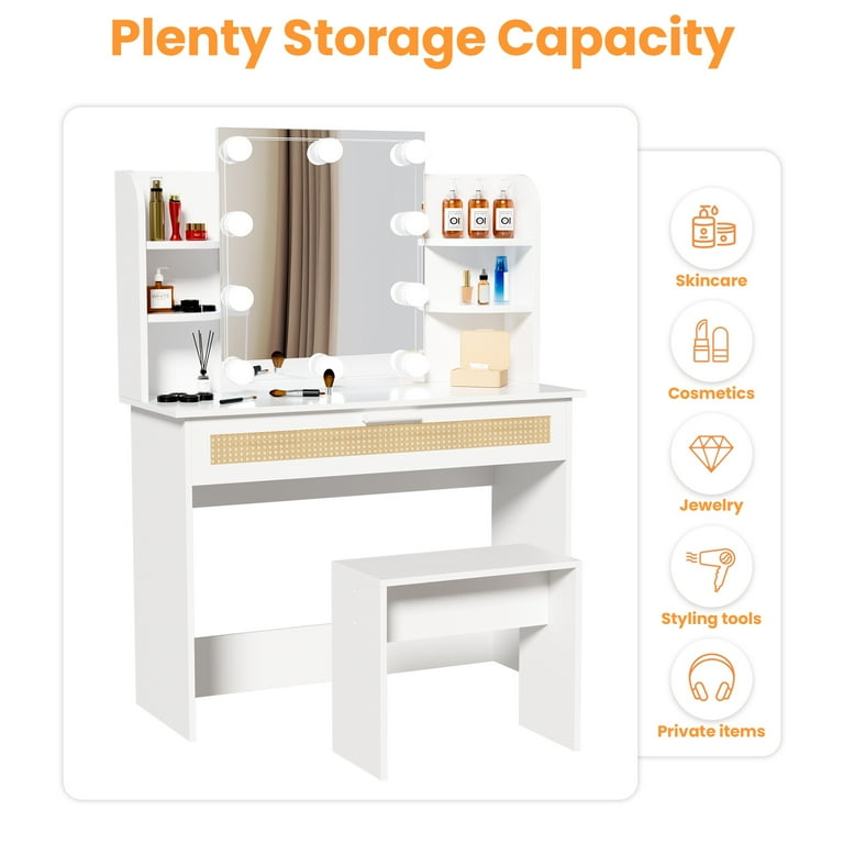 PORKISS Lighted Vanity Desk Set Wooden Dressing Table with Mirror and Stool Modern Makeup Vanity with Drawer and Shelves Freestanding Cosmetic Table for Bedroom White Walmart