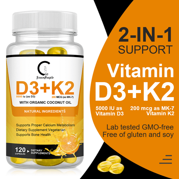 Cápsulas de vitamina D3+K2, vitamina D3 5000 UI y vitamina K MK7 200 mcg para apoyar la salud ...