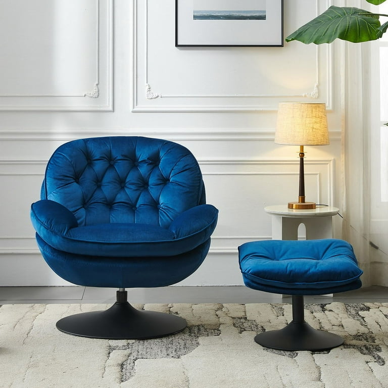 Swivel Accent Chair with Ottoman Set Modern Velvet Lounge Chair with Footrest Metal Base Comfortable Single Leisure Sofa Chair Reading Chair for Living Room Dorm Apartment Blue Walmart