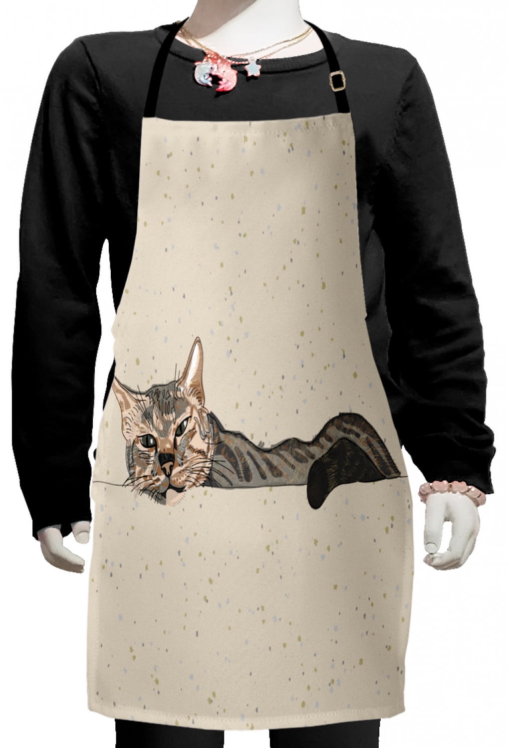 Cat Kids Apron, Lazy Sleepy Cat in Earth Tones Furry Mascot Indoor Pet ...