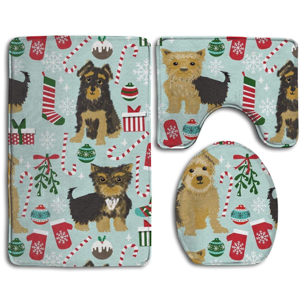 PUDMAD New Yorkie Christmas 3 Piece Bathroom Rugs Set Bath Rug Contour ...