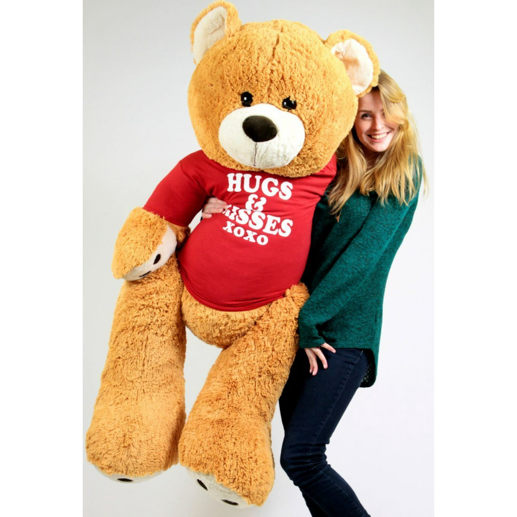 Big Plush Giant Valentine Teddy Bear Five Feet Tall Honey Brown Color Wears Tshirt That Says Hugs And Kisses Xoxo