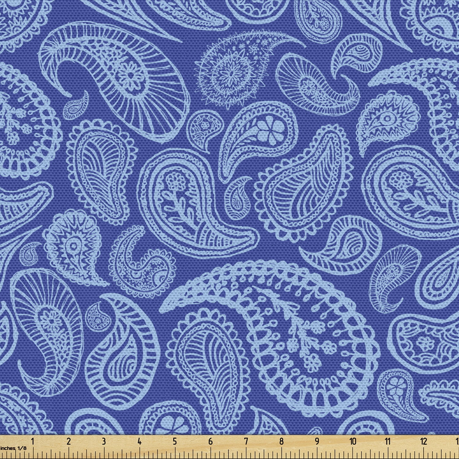 Blue Paisley Fabric by The Yard, Continuous Drop Shaped Elements Ethnic ...