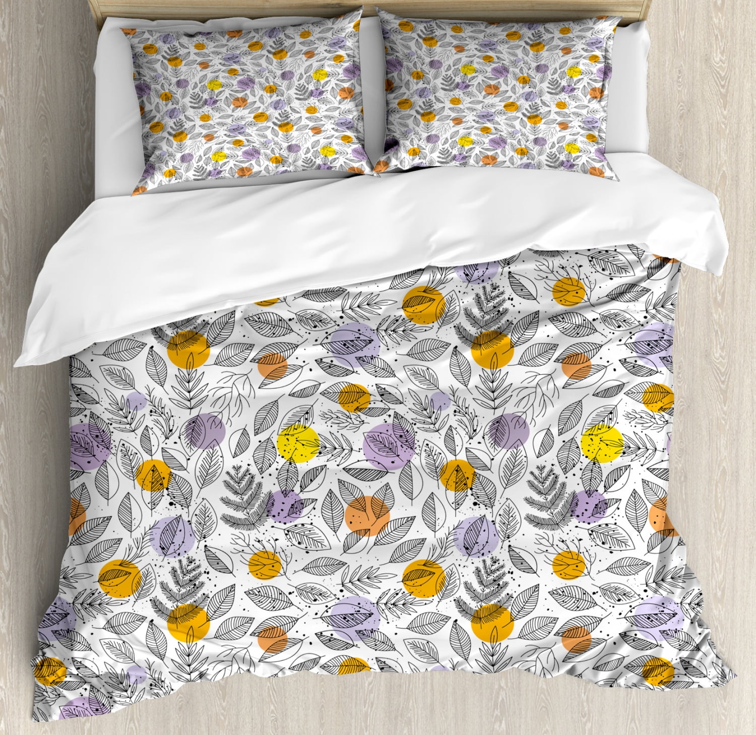 Botanical Duvet Cover Set Queen Size, Print of Round Blots and Striped ...