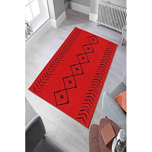 LaModaHome Area Rug Non-Slip - Red Red geometric Soft Machine Washable ...