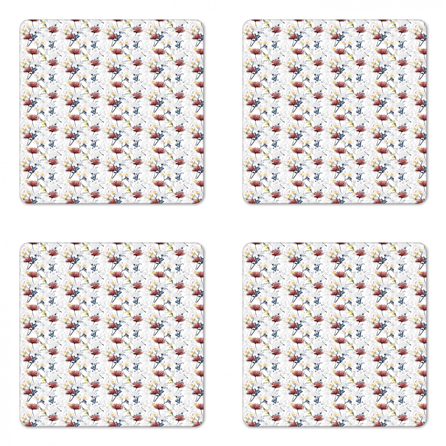 Vintage Coaster Set of 4, Blossoming Summer Flora Pattern with Outline ...