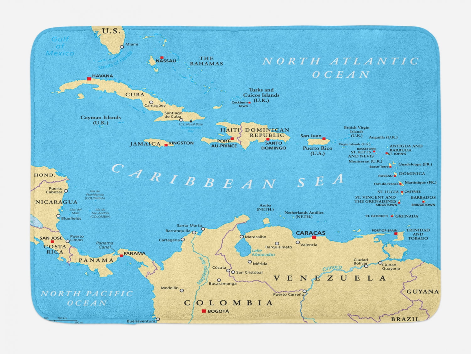 Wanderlust Bath Mat, Caribbean Political Map Capitals National Borders ...