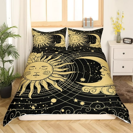 Sun and Moon Bedding Set,Yellow Planets Stars Duvet Cover Twin Mystic ...