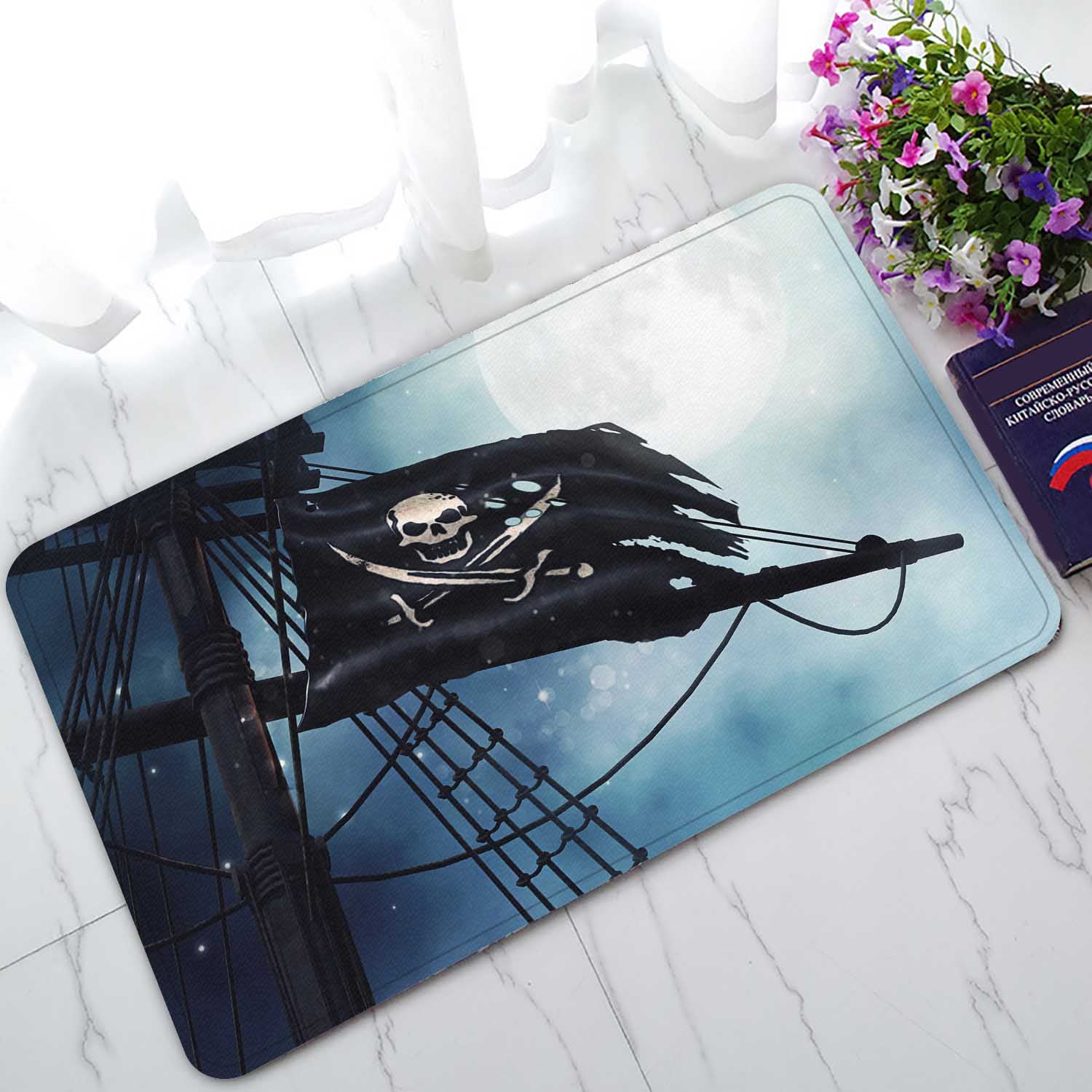 PKQWTM Deck Pirate Ship Black Flag At Night Home Decor Floor Mat Area ...