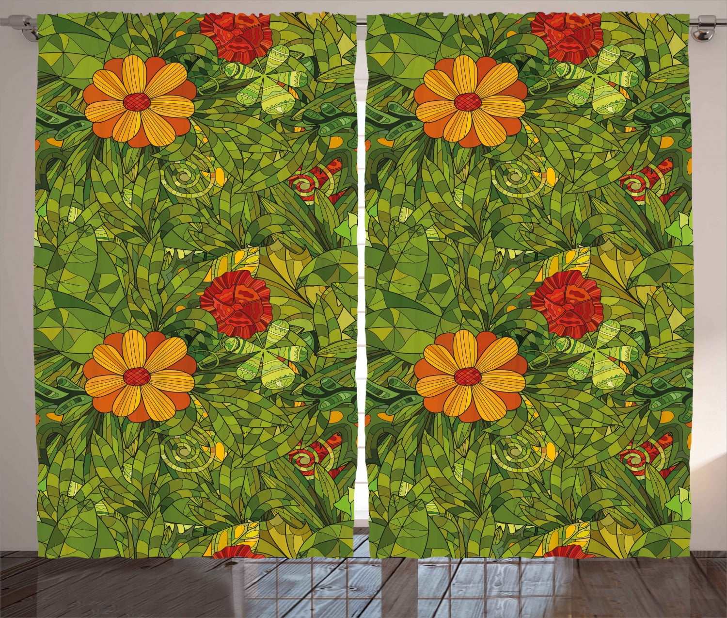 Floral Curtains 2 Panels Set, Funky Flower Foliage Bush with Fractal ...