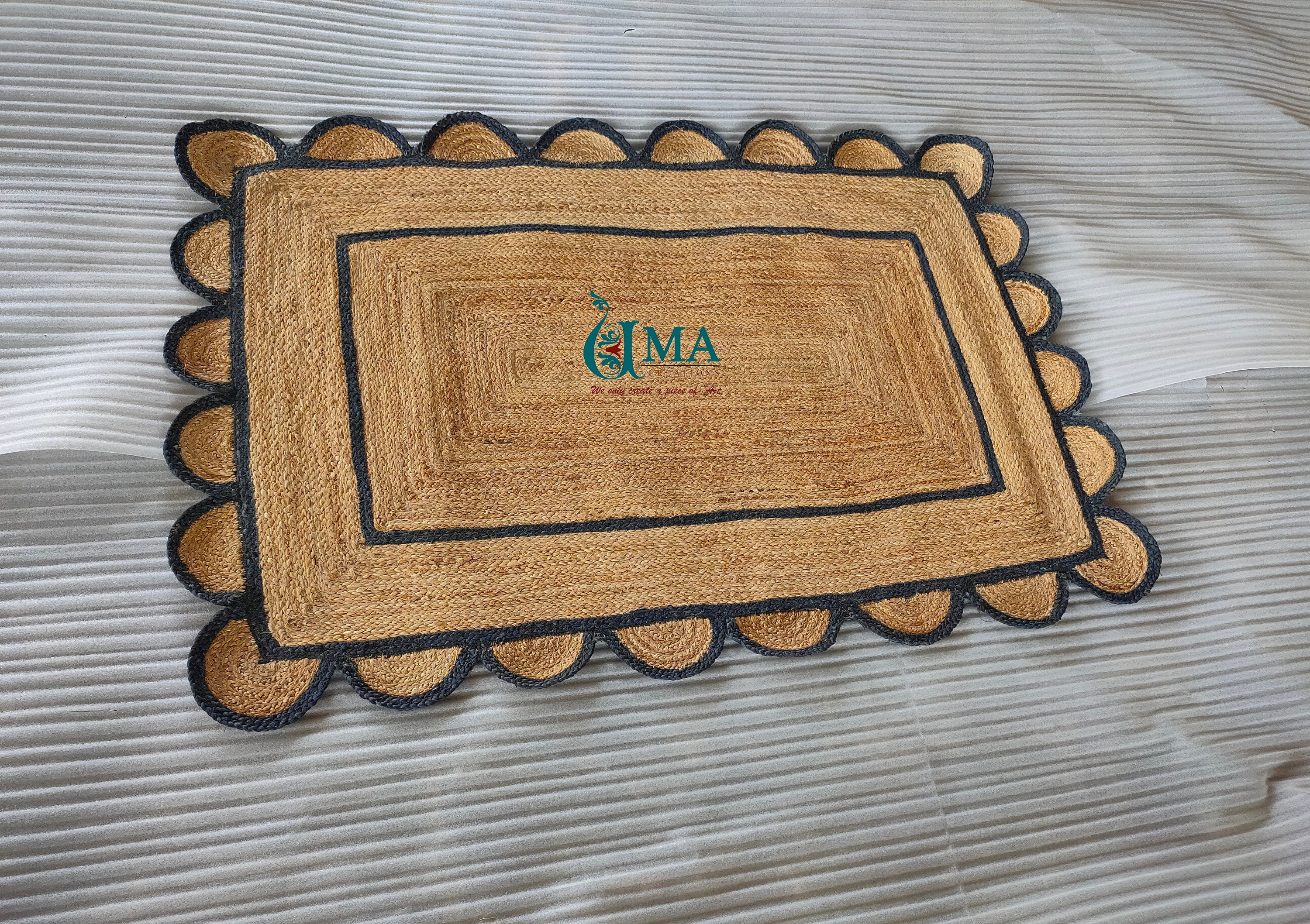 Uma Creations Scalloped Natural Jute Area Rug Black Trim Sizes: 2’x3 ...