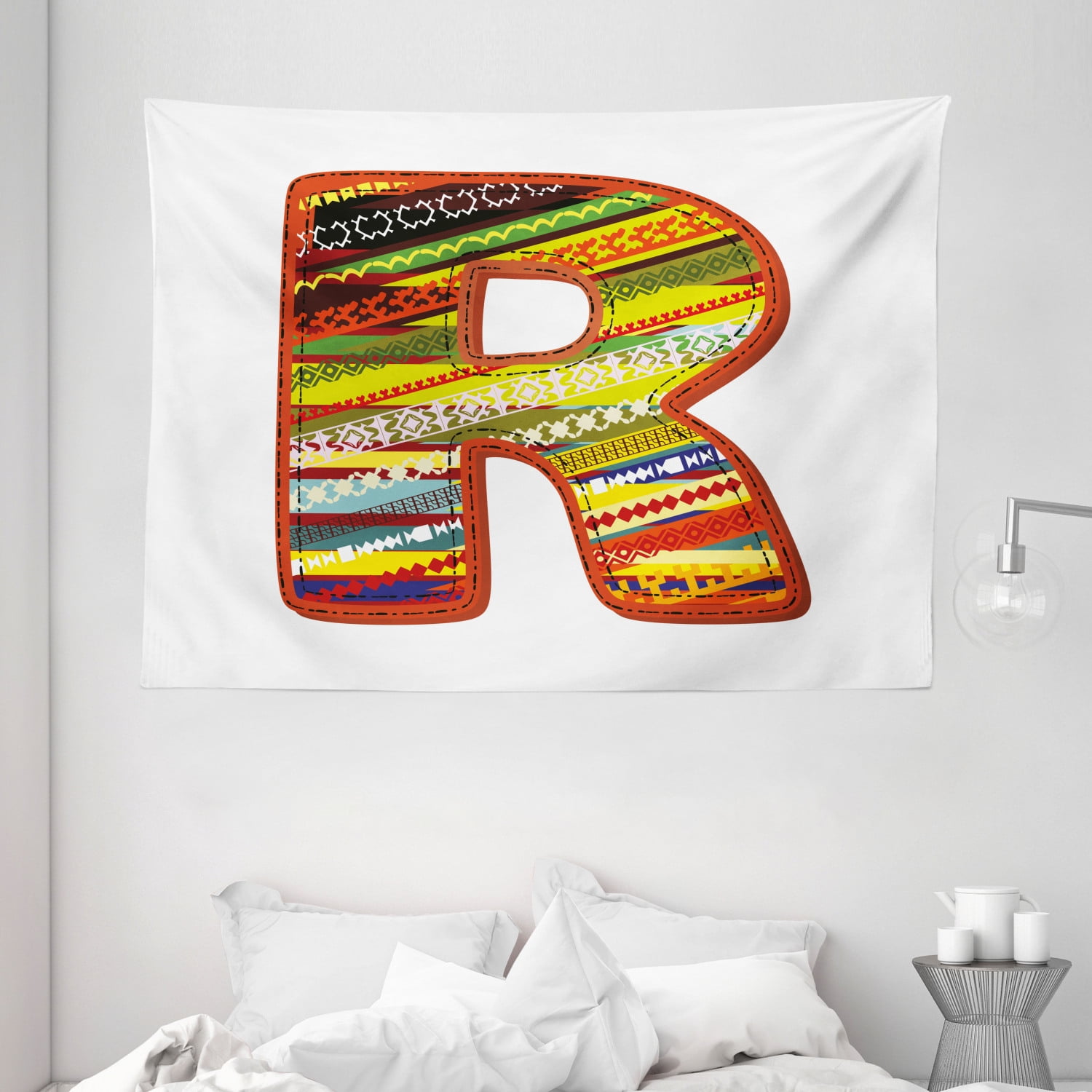 Letter R Tapestry, Ethnic Ornamental R Letter with Abstract Aztec ...