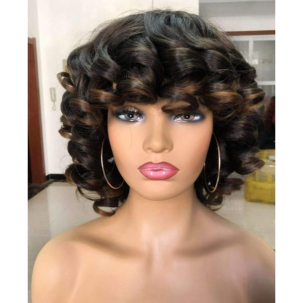 Annivia Short Curly Wig For Black Women With Bangs Big Bouncy Fluffy