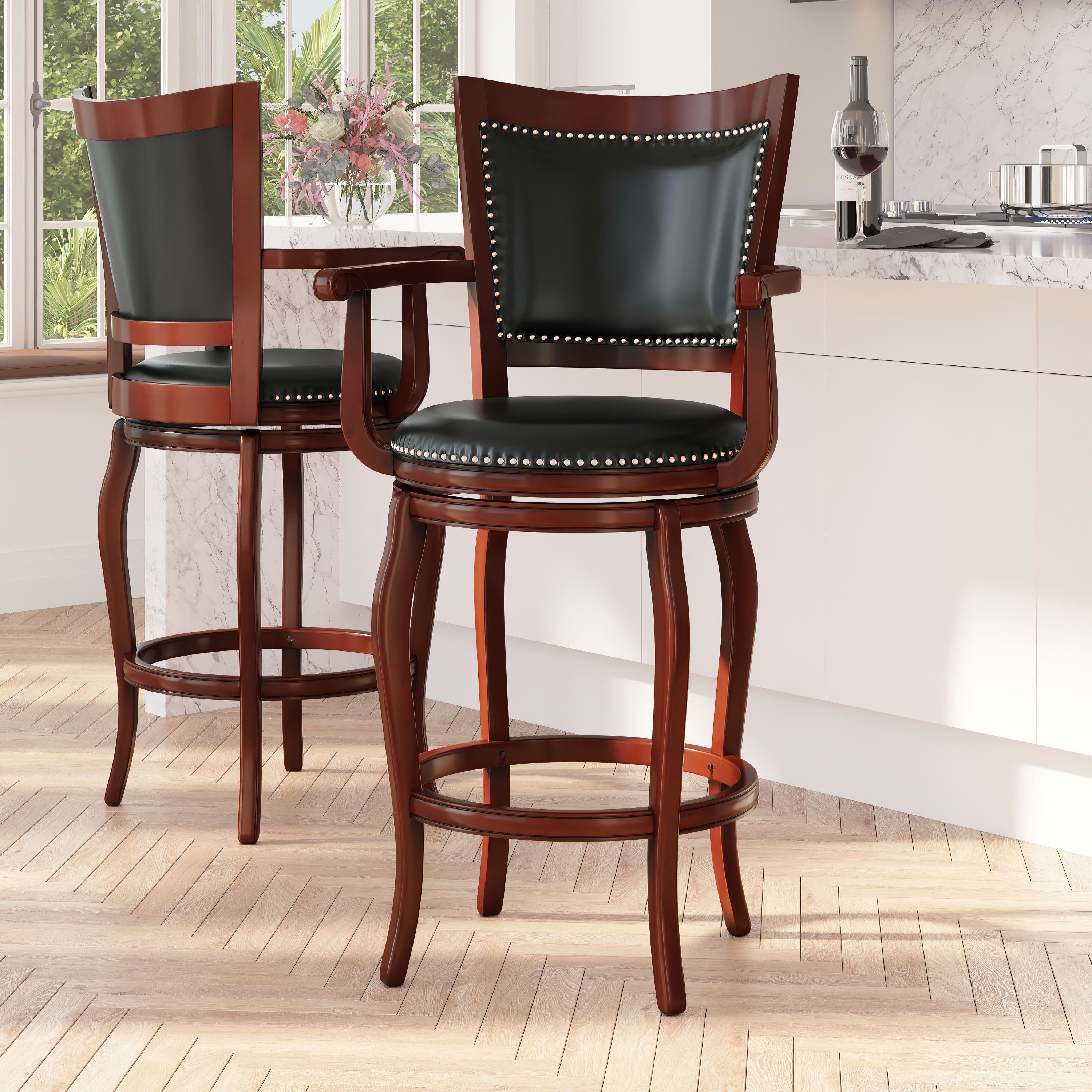 Merrick Lane 30" Cherry Wood Panel Back Bar Stool with Arms and Black ...