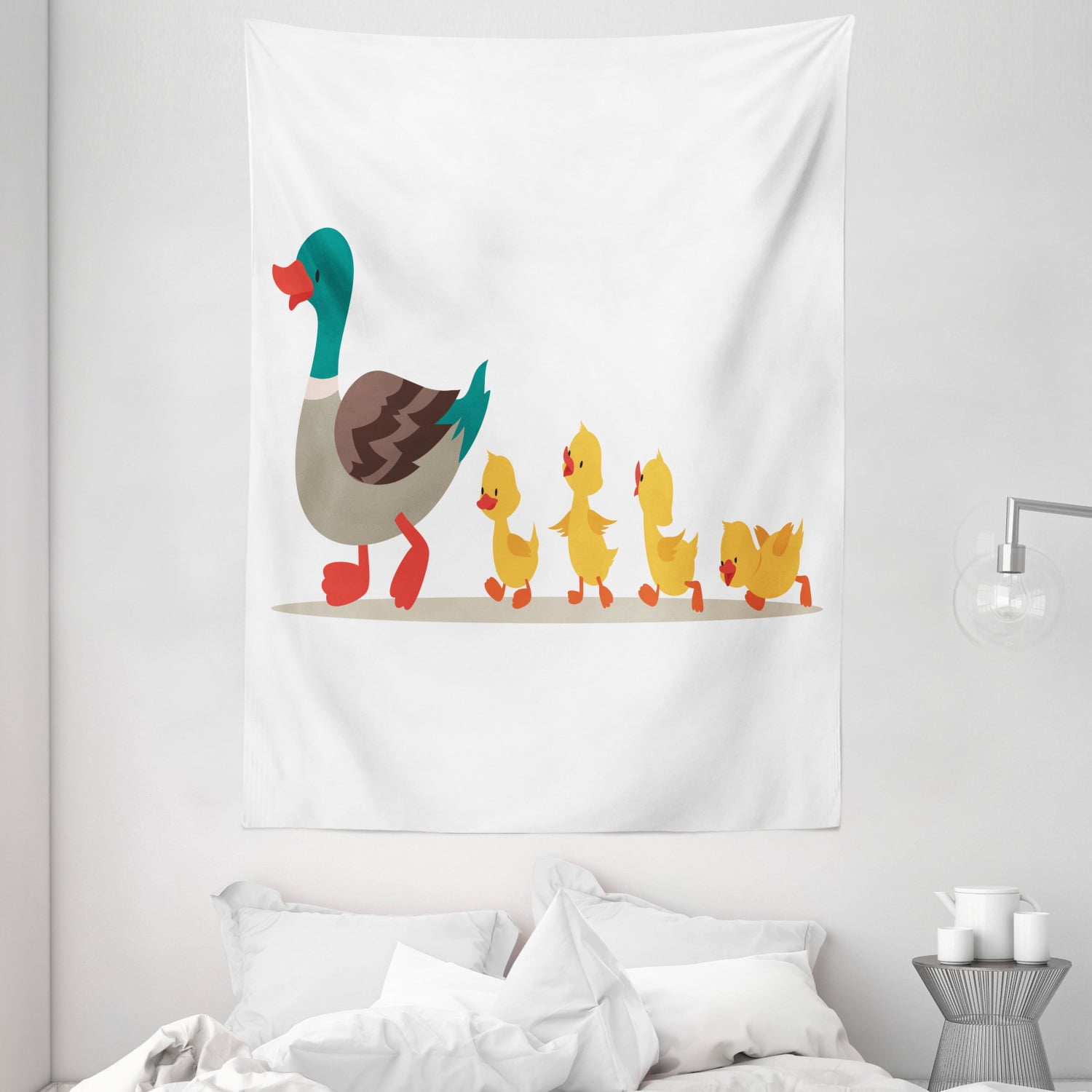 Yellow Bird Tapestry, Cartoon Animal Design of Mother Duck and ...