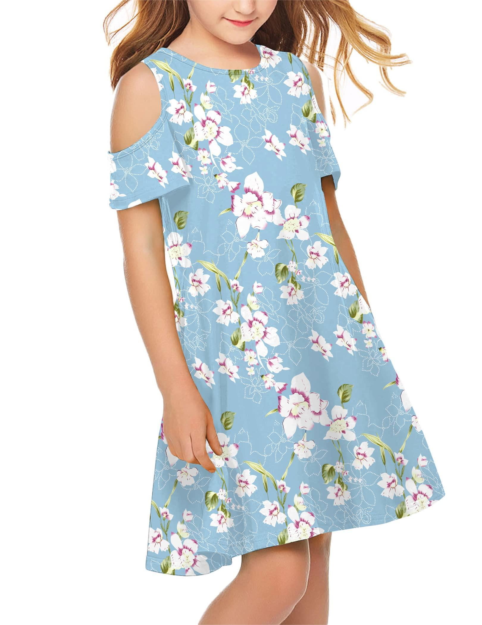Arshiner Girl's Swing Dress Summer Solid Off Shoulder Short Sleeve with ...