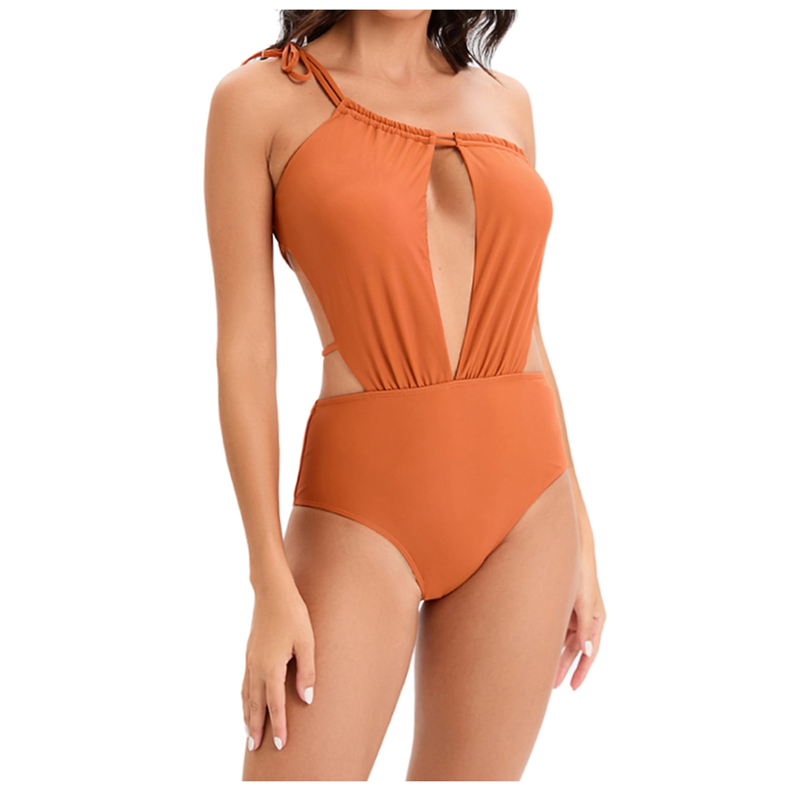 Midsumdr Women Sexy One Piece Swimsuits Solid Color Halter Irregularity