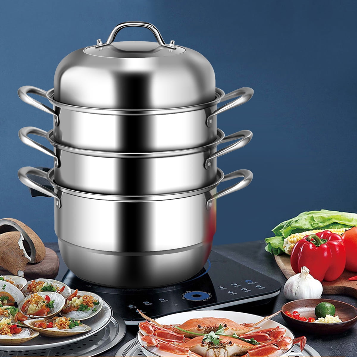 Topbuy 11" Stainless Steel Steamer Set Cookware Pot 3-Tier Food Steamer ...