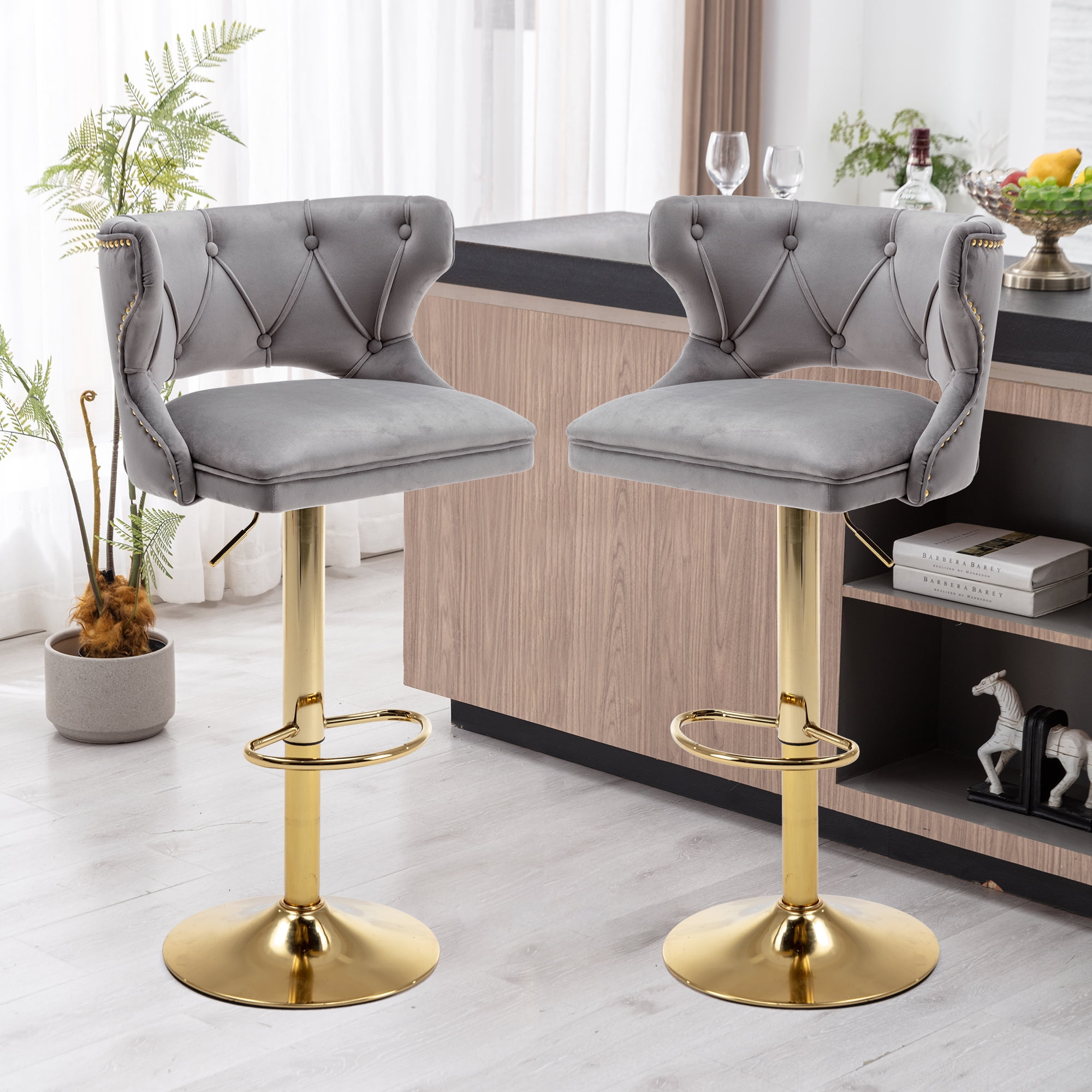 Bar Stools Set of 2,Height Adjustable Swivel Dining Chairs with Hollow ...