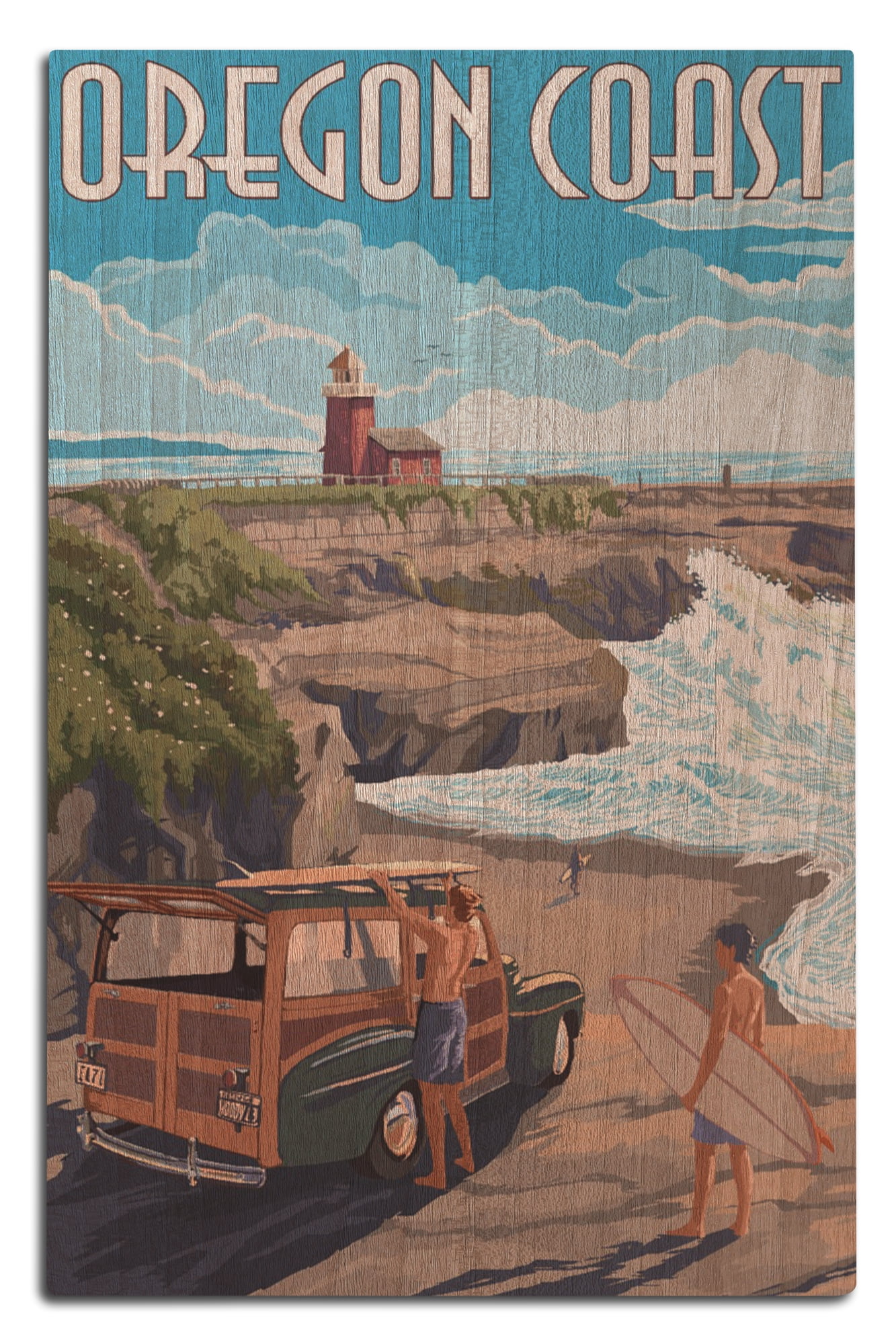 Oregon Coast, Woody and Lighthouse, Recolor Birch Wood Wall Sign (12x18 ...