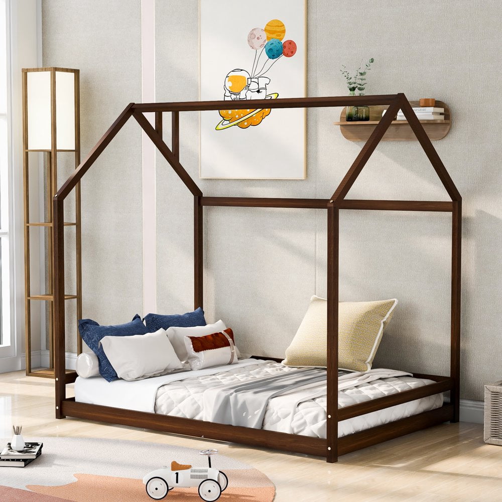 Hassch House Bed Frame Full Size with Roof, No Slat, Espresso - Walmart.com