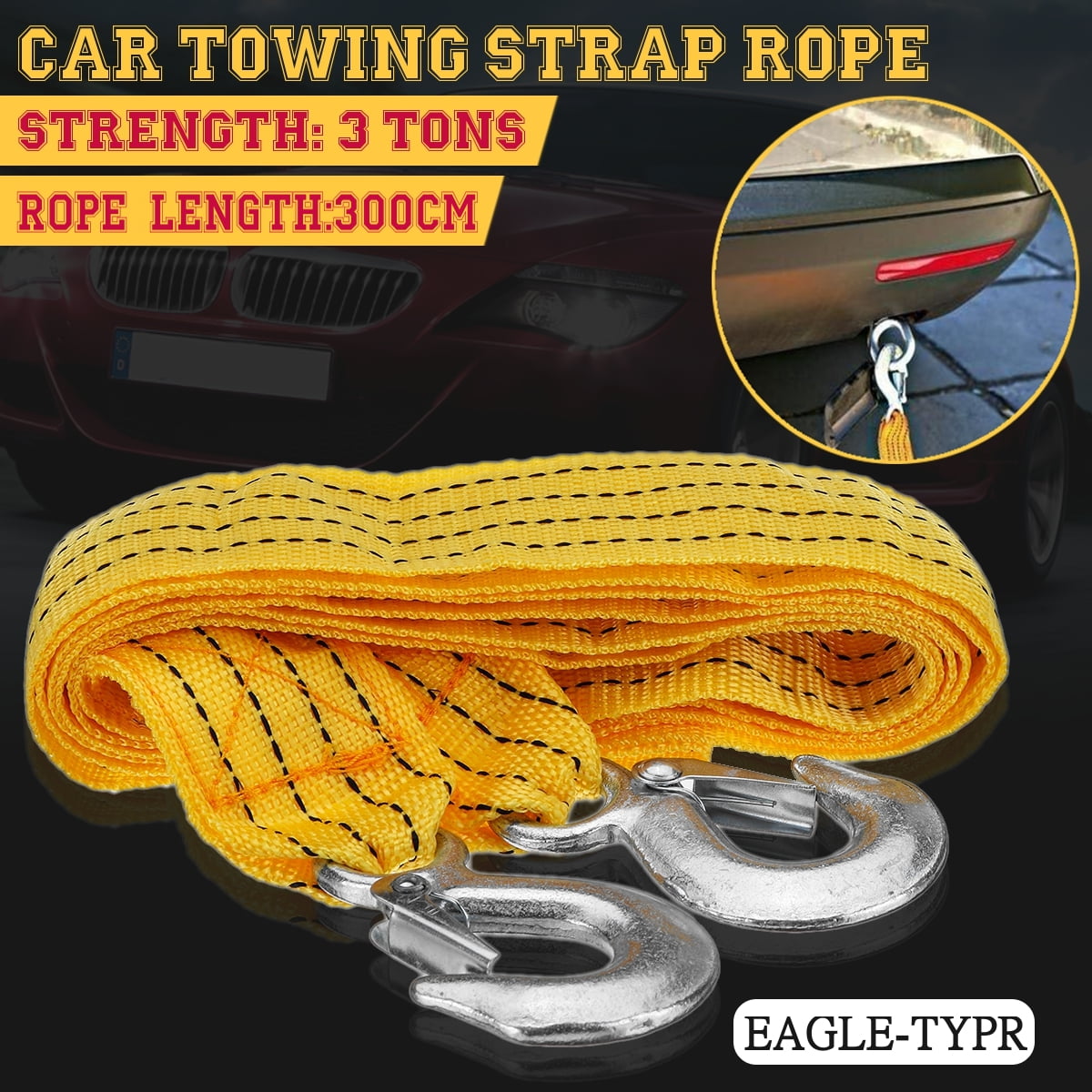 3 Meters Tow Towing Pull Rope Strap 3 Tons Heavy Duty Road Car Van ...