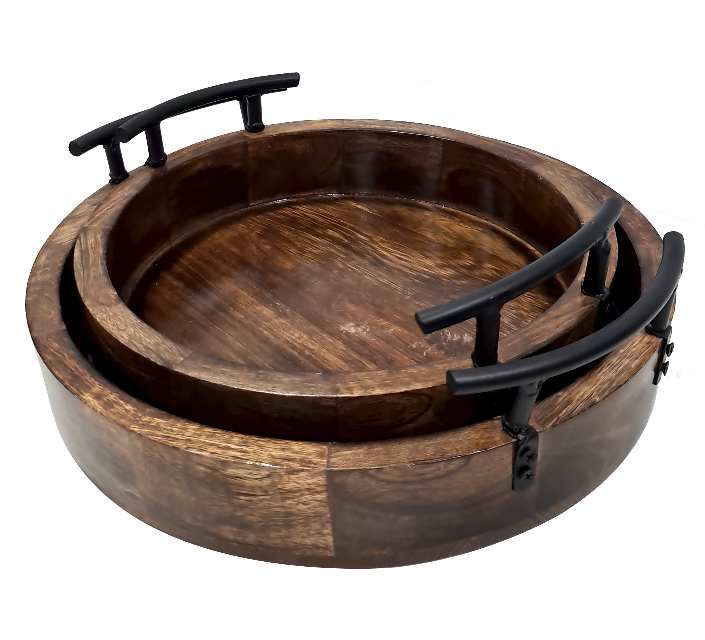 Handmade Unique Round Shape Wooden Serving Tray with Metal Handle Deep ...