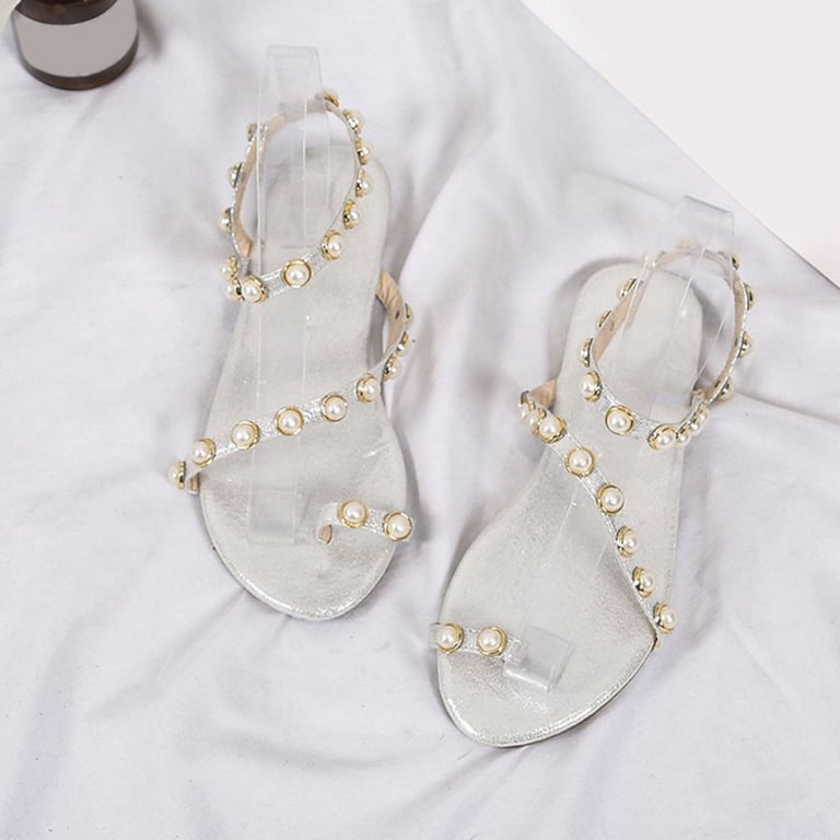Pearl Crystal Flat Sandals Shop Pearl Embellished Open Toe Flat