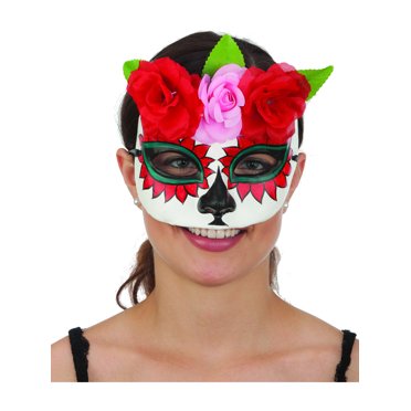 Star Power Day of the Dead Sugar Skull Half Mask w Roses, White Multi ...