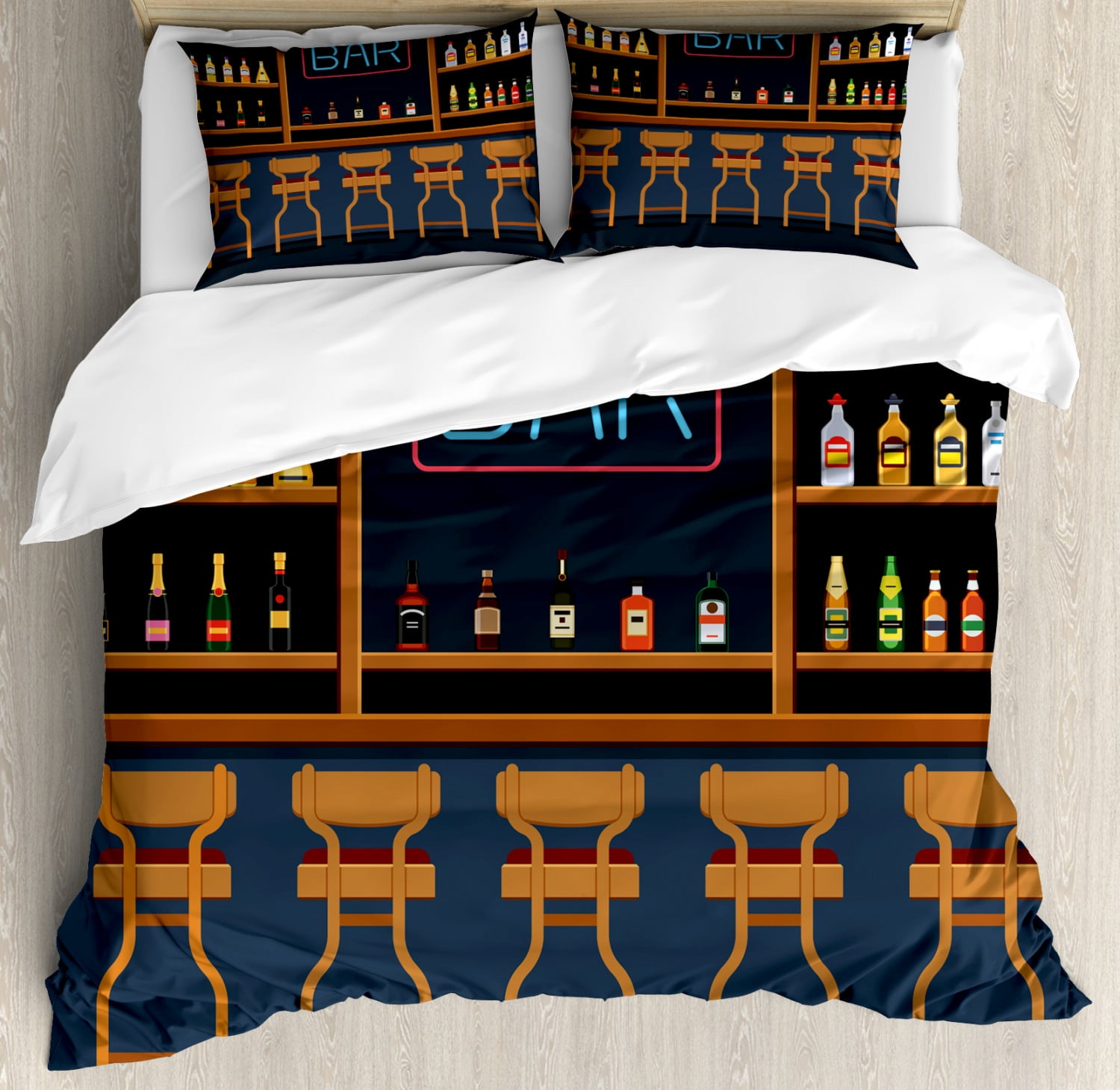 Bar Duvet Cover Set King Size, Pub Stand with Chairs and Bottles of ...