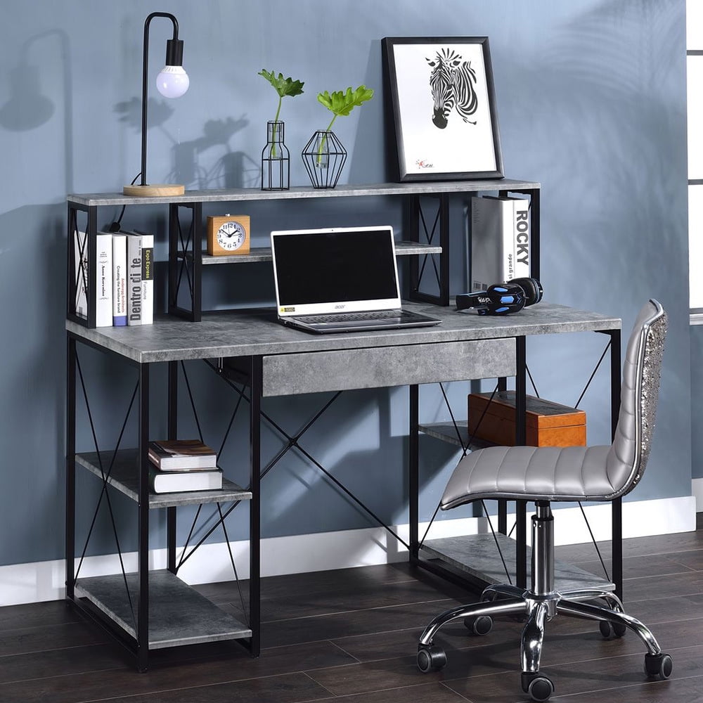 Computer Desk With Shelves And Keyboard Tray, Faux Concrete Modern Home ...