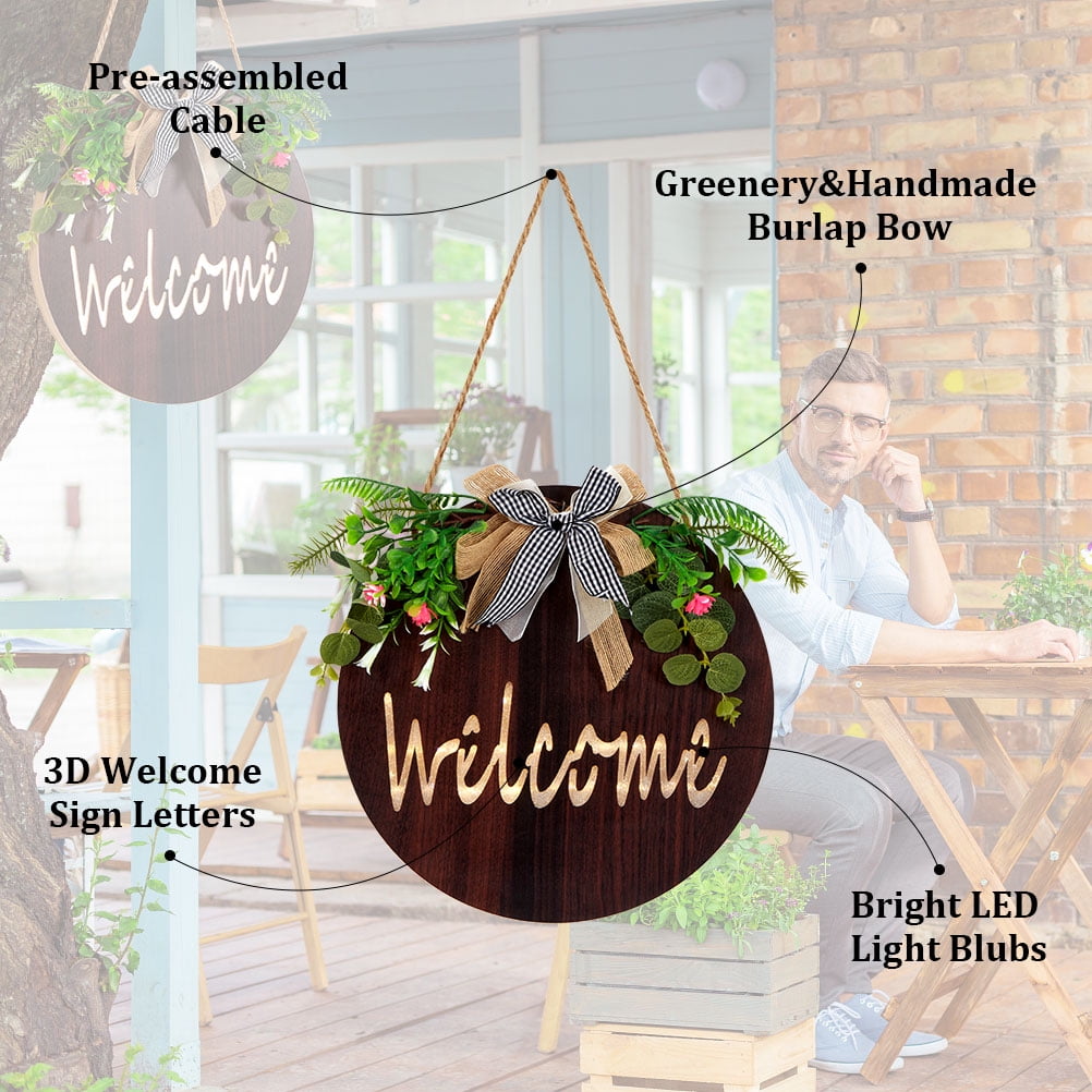 Wooden LED Welcome Sign Door Sign Front Door Sign Wreath Wall Pediments ...