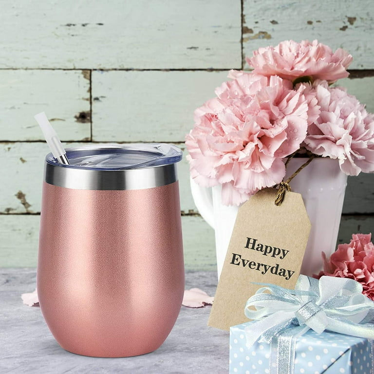 Gingprous Wine Tumblers Bulk 6 Pack 12oz Stainless Steel Stemless Wine Glass with Lids and Straws Double Wall Vacuum Insulated Tumbler Cup Rose