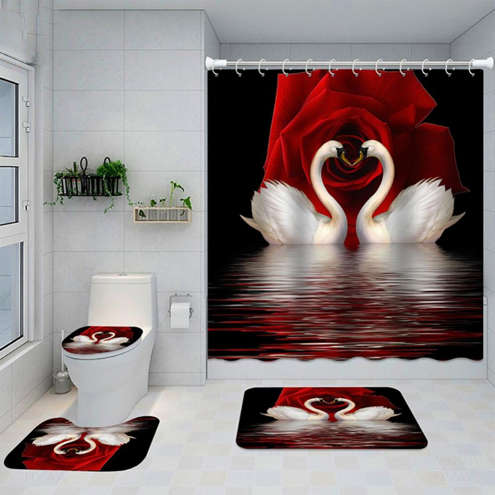 4Pcs Set Valentines Day Shower Curtain, Romantic Swan Couple Red Heart ...