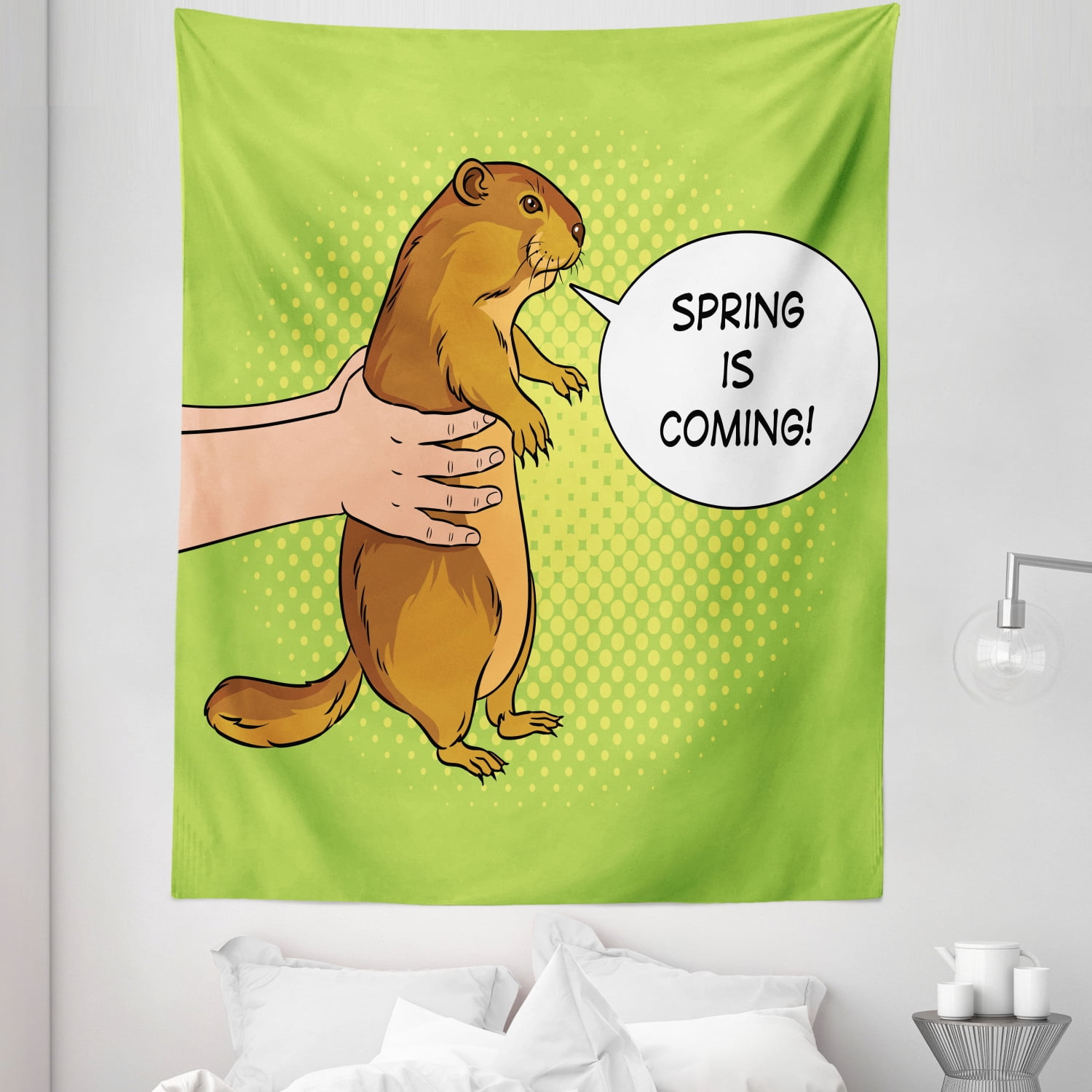 Groundhog Day Tapestry, Pop Art Style Cartoon of Hands Hold Marmot ...