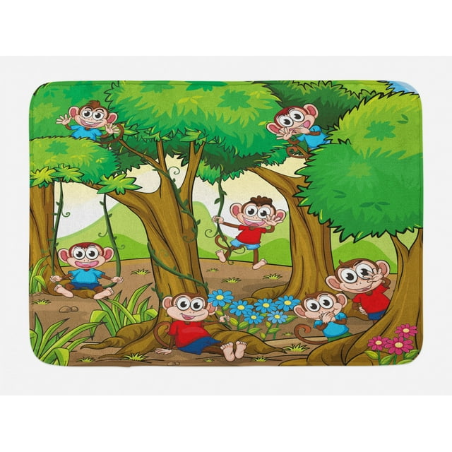 Nursery Bath Mat, Children Kid Apes Monkeys Playing in Exotic Forest ...