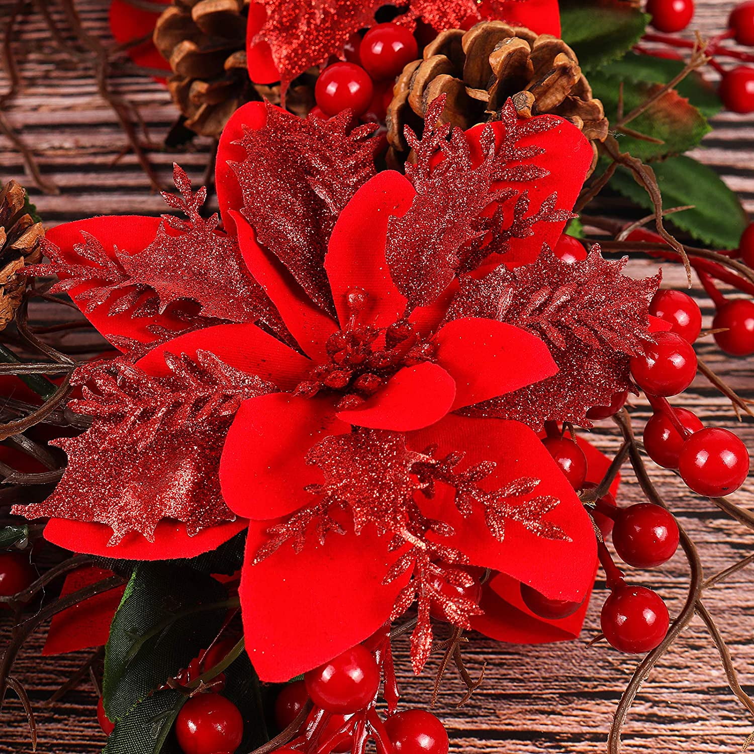 RECUTMS 10 Pcs Christmas Glitter Poinsettia Faux Flowers Christmas ...