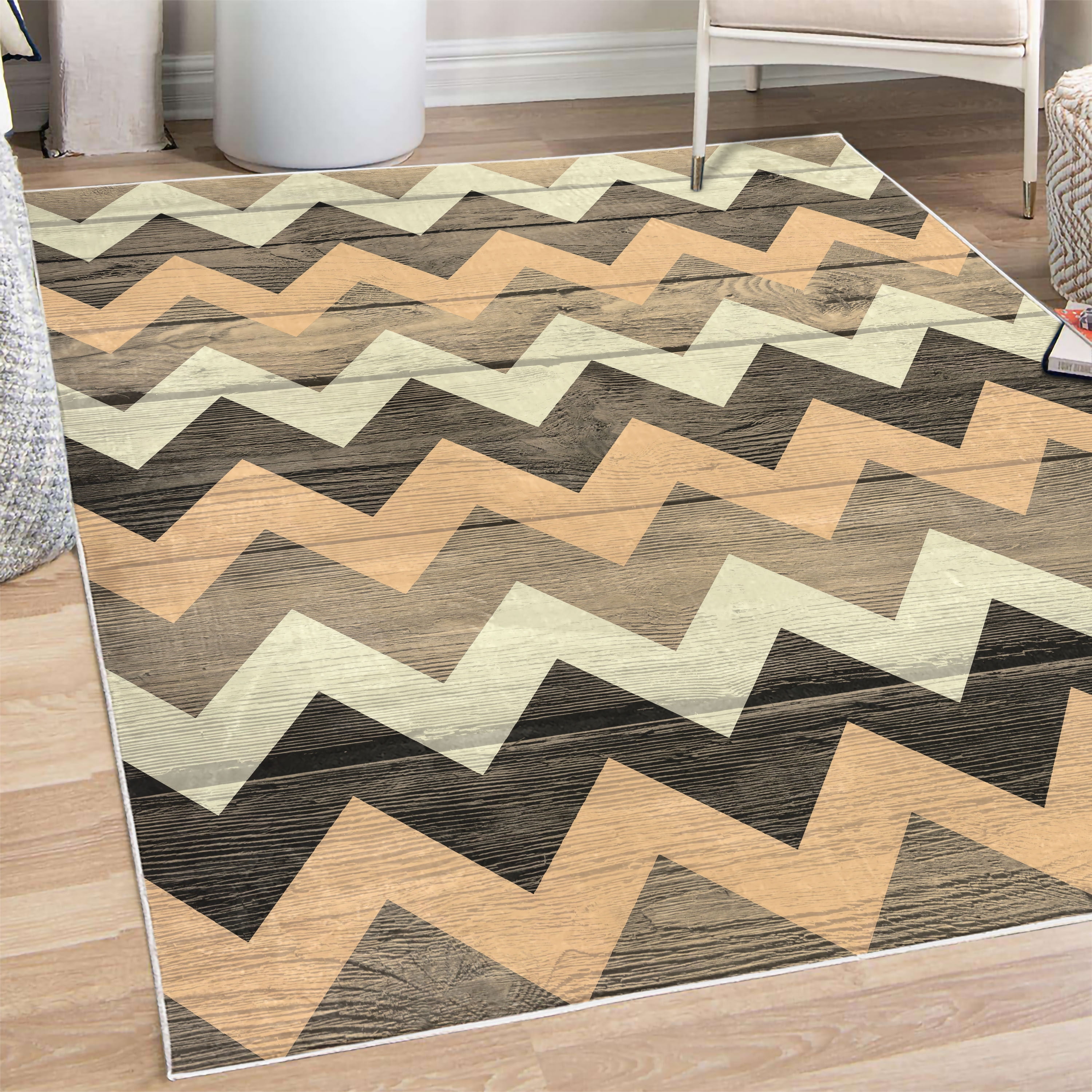 Chevron Decorative Rug, Zig Zag Lines Pattern on Wooden Looking ...