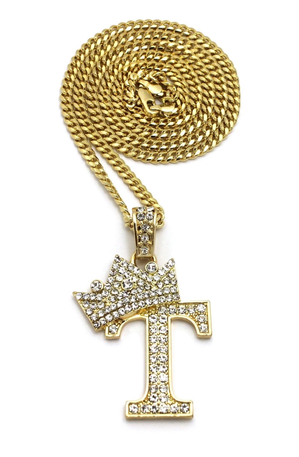 Stone Filled Initial Letter T Pendant 3mm 24" Cuban Chain Hip Hop ...