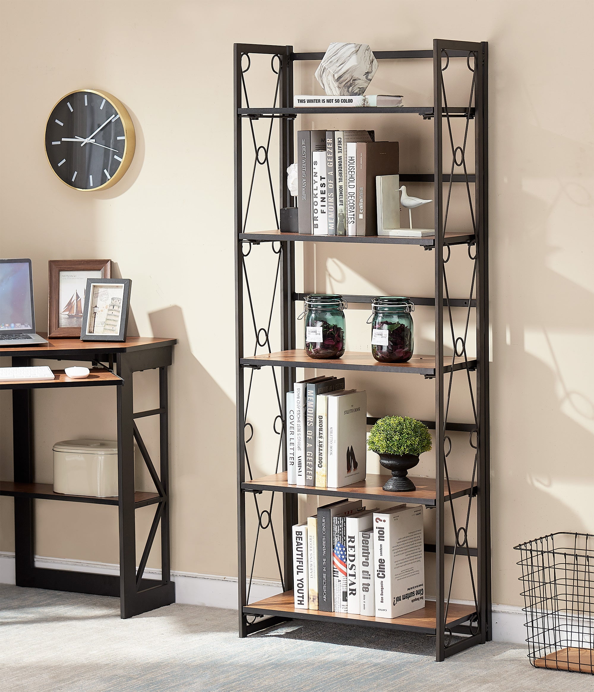 VECELO 5-Tier Bookshelf, Industrial Freestanding Foldable Bookcase ...