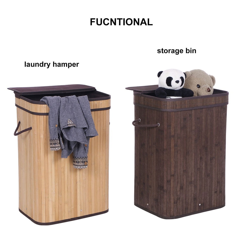 Veryke Double Laundry Hamper with Lid, Bamboo Clothes Separator, Dark ...