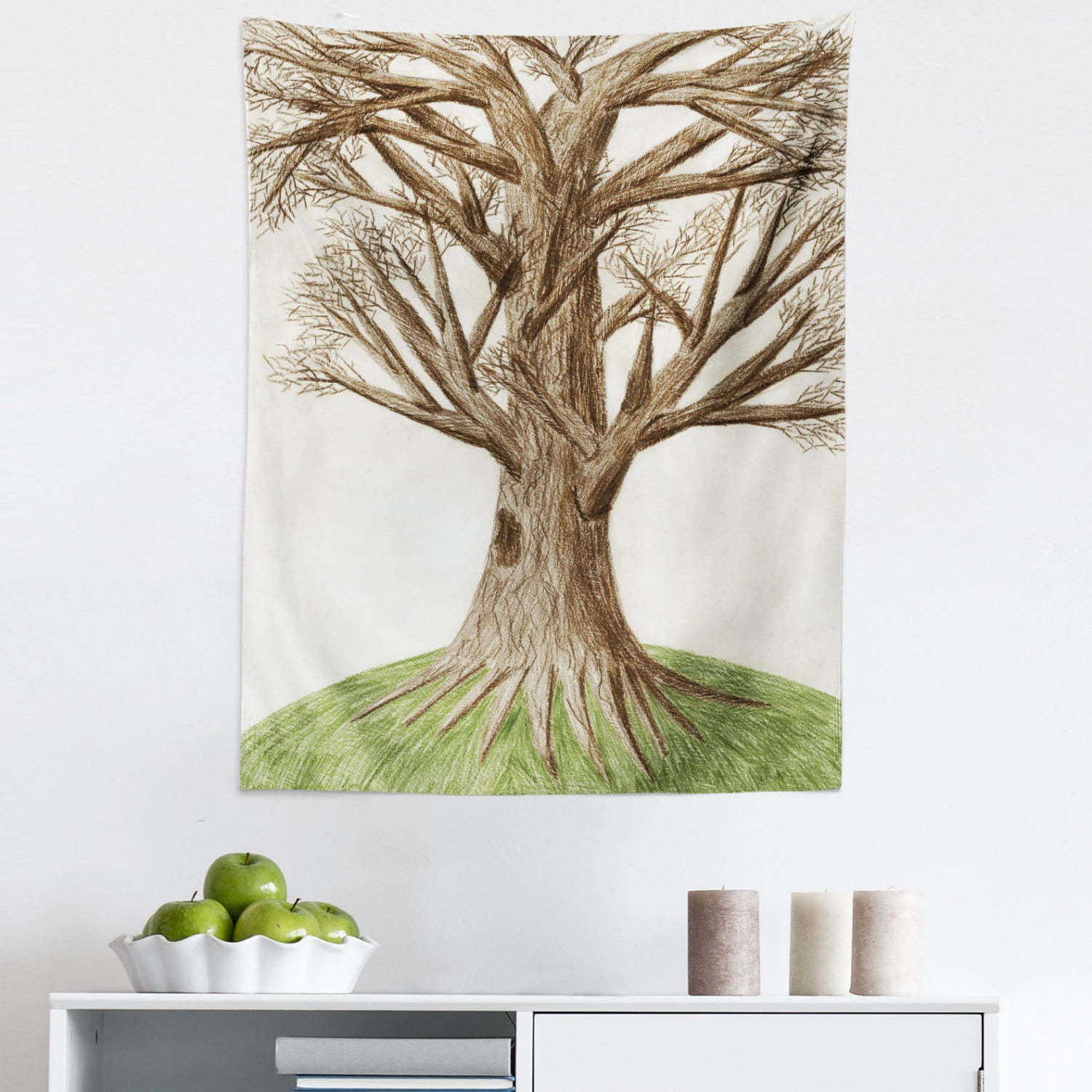 Tree Tapestry, Hand Drawn Pastoral Single Old Tree with Growing ...