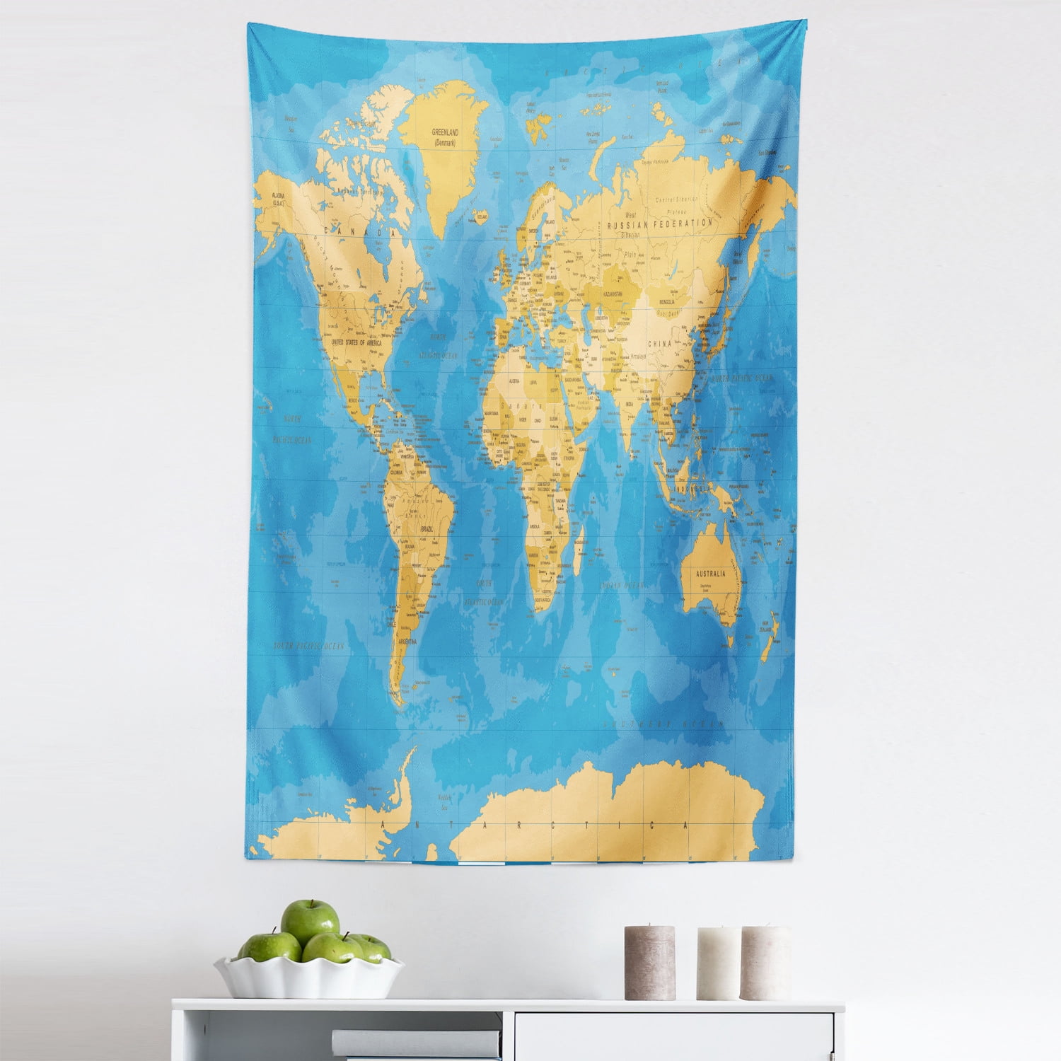 Map Tapestry, Classic Scene of World with Contoured Continents ...