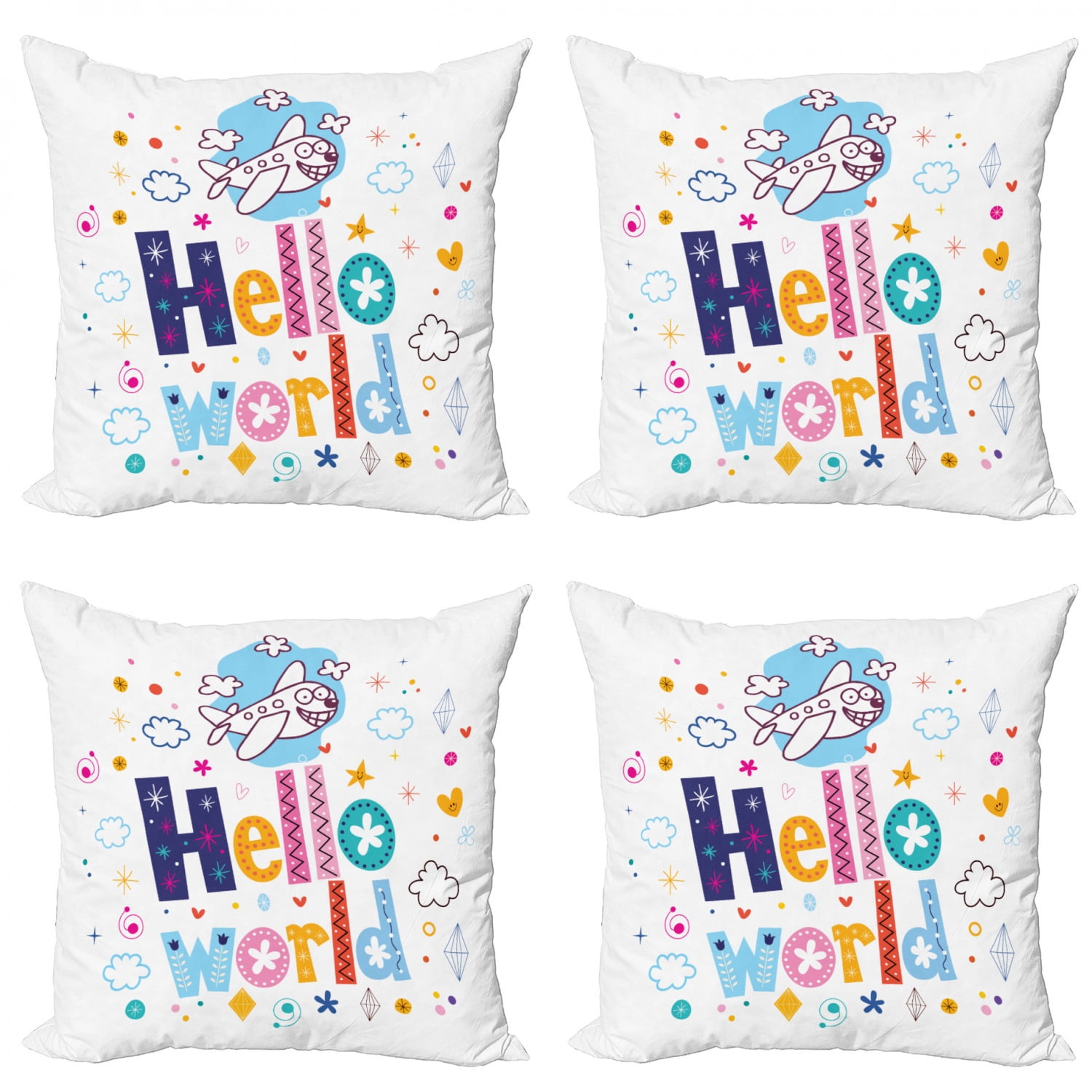 Hello World Throw Pillow Cushion Case Pack of 4, Childish Preschool ...