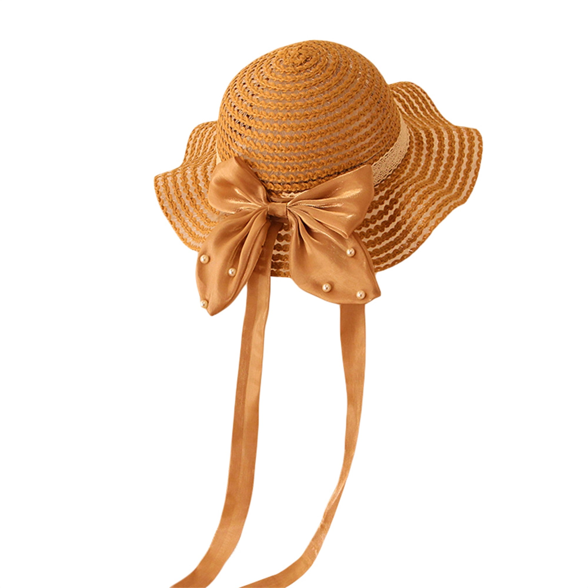 Arvbitana Little Girl Sun Hat Wide Brim Straw Cap Bow Pearls Cute Sun ...