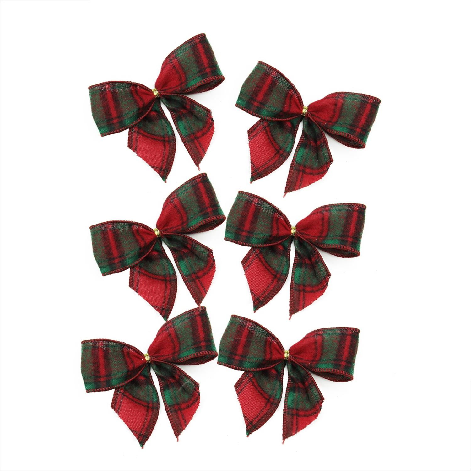 Pack Of 6 Red And Green Plaid Wool Mini Christmas Bow Decorations 5
