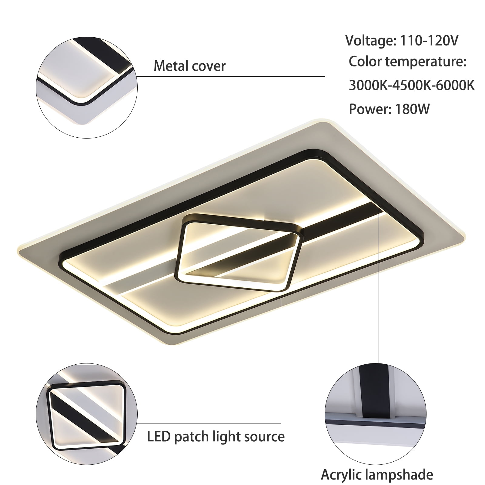 Miumaeov Modern Ceiling Light, 3-Color LED Ceiling Light, 180W Flush ...