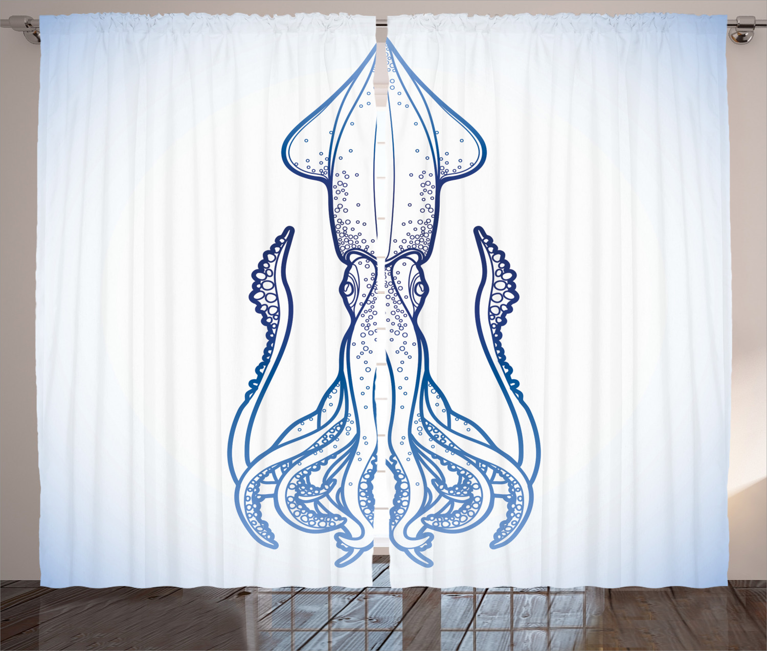 Kraken Decor Curtains 2 Panels Set, Squid Figure in Classic Line Art ...